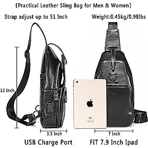 BULLCAPTAIN Genuine Leather Sling Bag Mens Crossbody Backpack for Hiking Casual Daypack Shoulder Chest Bag with USB Charging Port (Black)