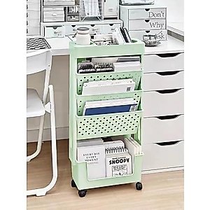Lalaunicky 5 Tier Rolling Book Cart,Mobile Bookshelf with Wheels，Paper Cart and Rolling Homeschool Cart for Schools, Libraries, Offices, Homes, Children's Rooms (Green)