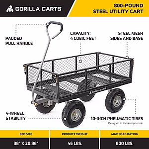 Gorilla Carts 800 Pound Capacity Steel Utility Cart, Flatbed Dolly Gardening Cart Outdoor Yard Wagon with Tow Handle and Removable Sides, Grey