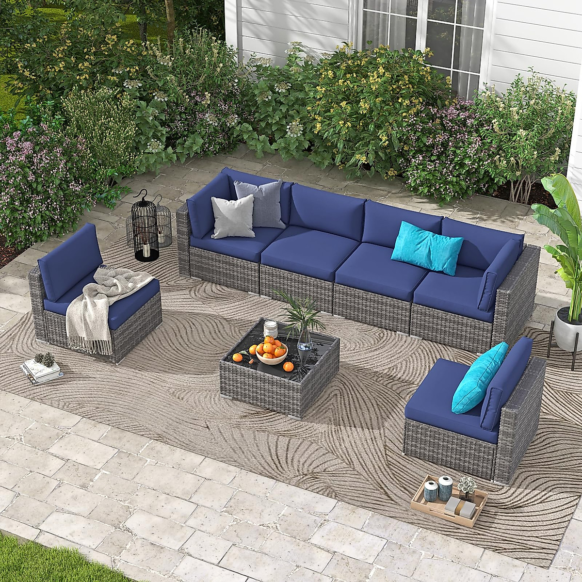 Yangming 7 Piece Outdoor Patio Furniture Sets, Outdoor Sectional Furniture with Tempered Glass Table and Cushion, Rattan Chairs Wicker Couch Conversation Set for Deck, Backyard, Porch, Lawn, Garden