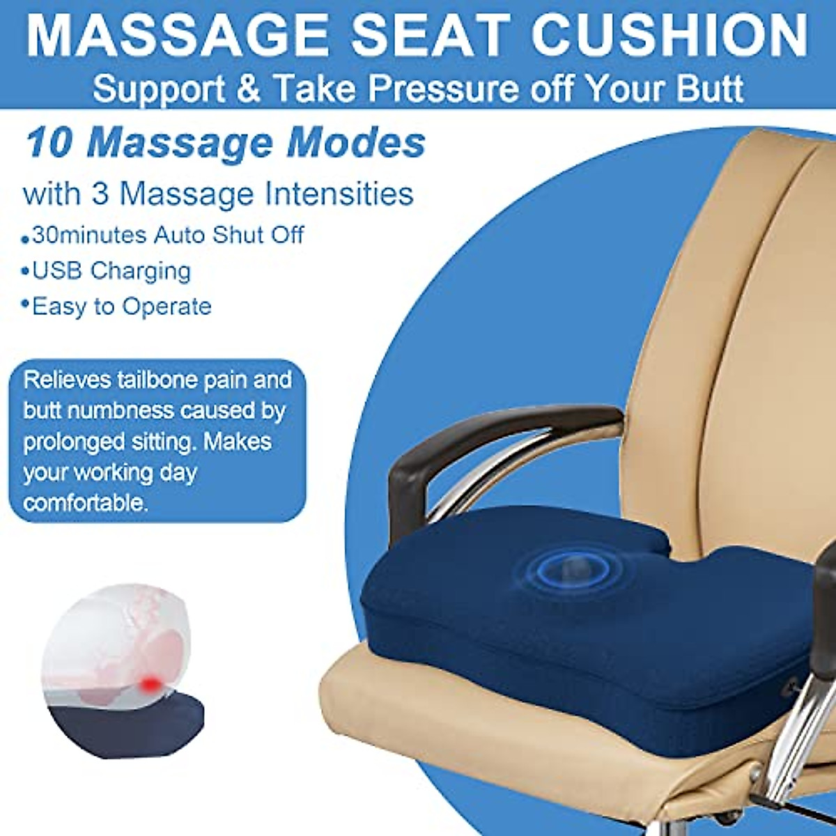 HONGJING Massage Seat Cushion for Pressure Relief, Memory Foam Office Chair Cushions for Long Sitting, Butt Pillow with Massaging, Great for Sciatica, Coccyx and Tailbone Pain Relief (Blue)