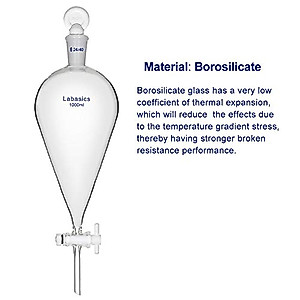 Labasics Borosilicate Glass 1000ml Conical Separatory Funnel with PTFE Stopcock, 1000mL