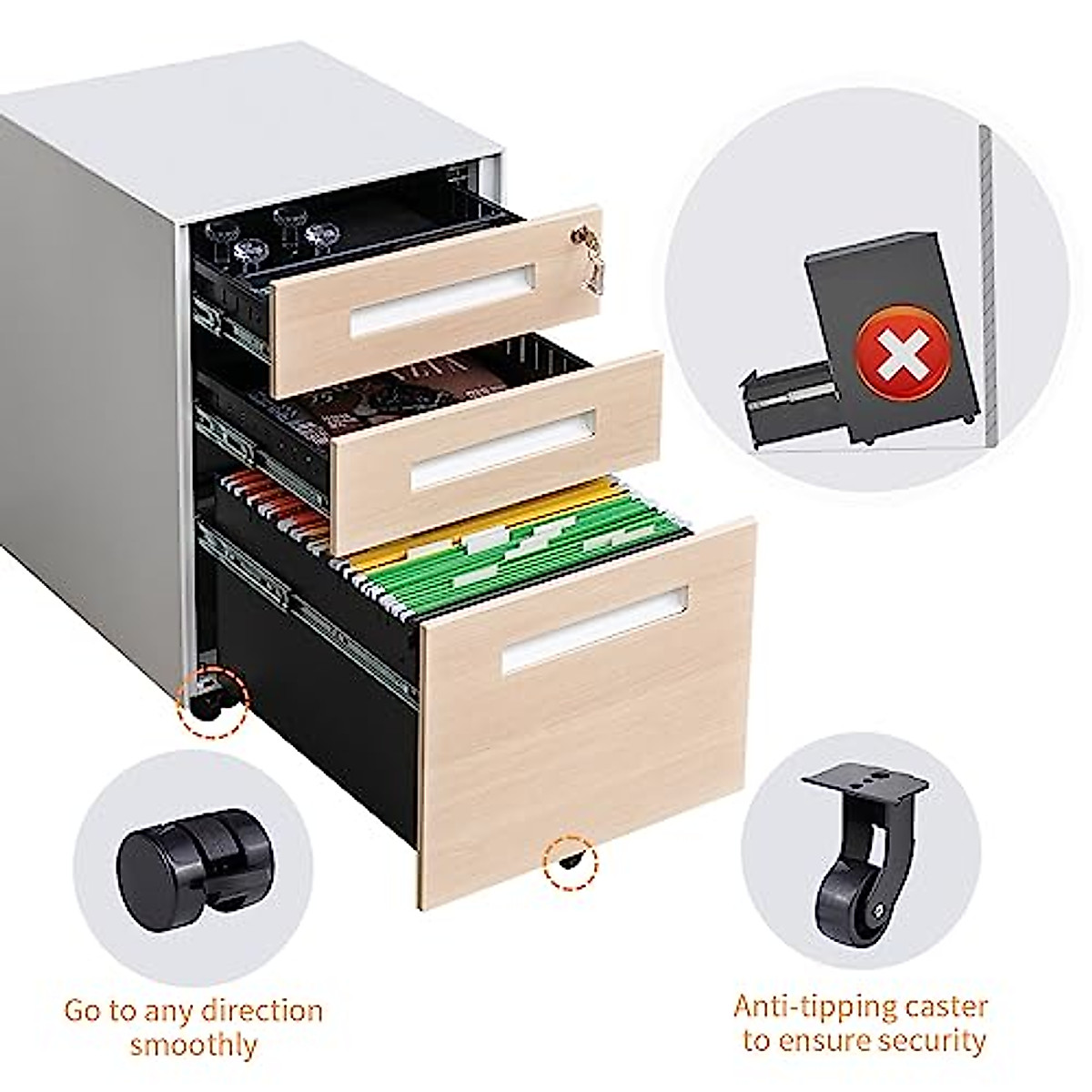 Steel Lateral Filing Cabinet with Lock, File Cabinet for Office Home Metal Storage File Cabinet 3 Drawer Under Desk Metal Organizer (Cherry+White)