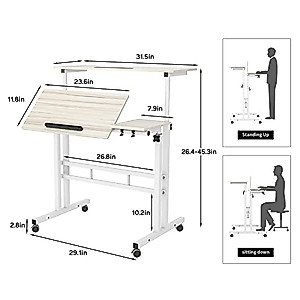 DlandHome Adjustable Rolling Desk Standing Desk, Sit-Stand Desk Cart Mobile Computer Desk Stand Up Desk Office Desk Riser Standing Table Workstation Mobile Desk, Maple