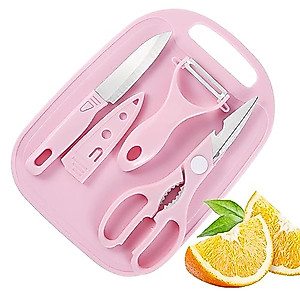 Mini Travel Cutting Board Set, 4 Pcs Portable Mini Camping Plastic Cutting Board & Knife, Fruits & Vegetable Peeler Scissors(Pink)