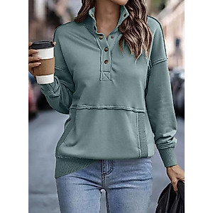 SHEWIN Womens Sweatshirt Casual Long Sleeve Lightweight Oversized Sweatshirts Loose Button Pullover Tops Fall Outfits for Women 2024,US 16-18(XL),Mint Green