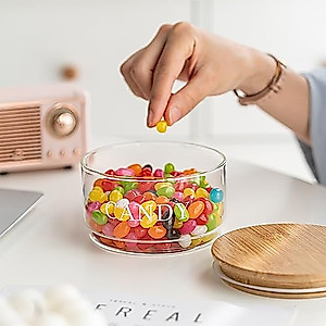 Glass Candy Dish with Bamboo Lid Small Candy Bowl Decorative Cookie Jar Clear Salad Bowl Buffet Storage Container for Home Kitchen Coffee Table Office Desk and Party Wedding ( Diameter: 4.33 Inch )