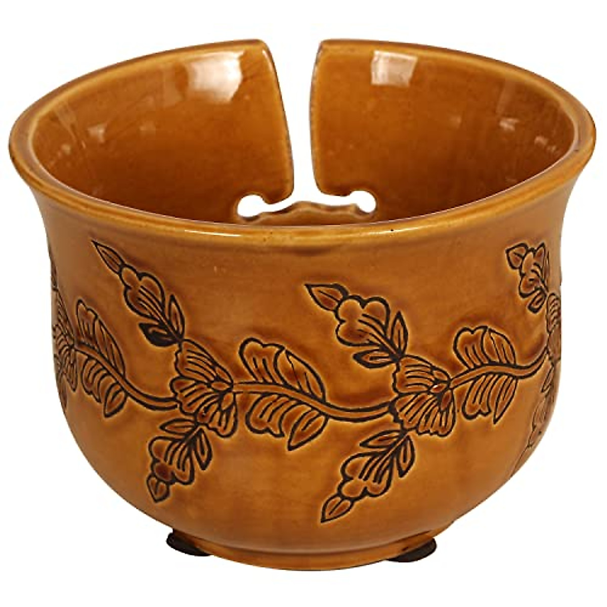 ABHANDICRAFTS Knitting Yarn Ball Storage Bowl Yellow Color Ceramic Yarn Bowl for Knitting and Crocheting with Hand Carved Floral Design