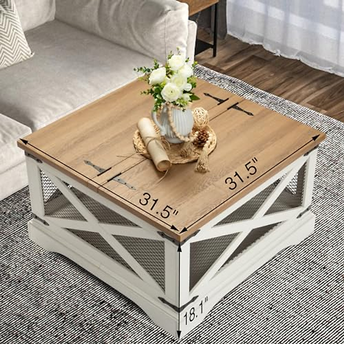 HOKYHOKY Square Coffee Table with Storage, 31.5" Farmhouse Wood Center Table with Hinged Lift Top, Industrial Coffee Table Rustic Rectangle Cocktail Table for Living Room (Distressed White)