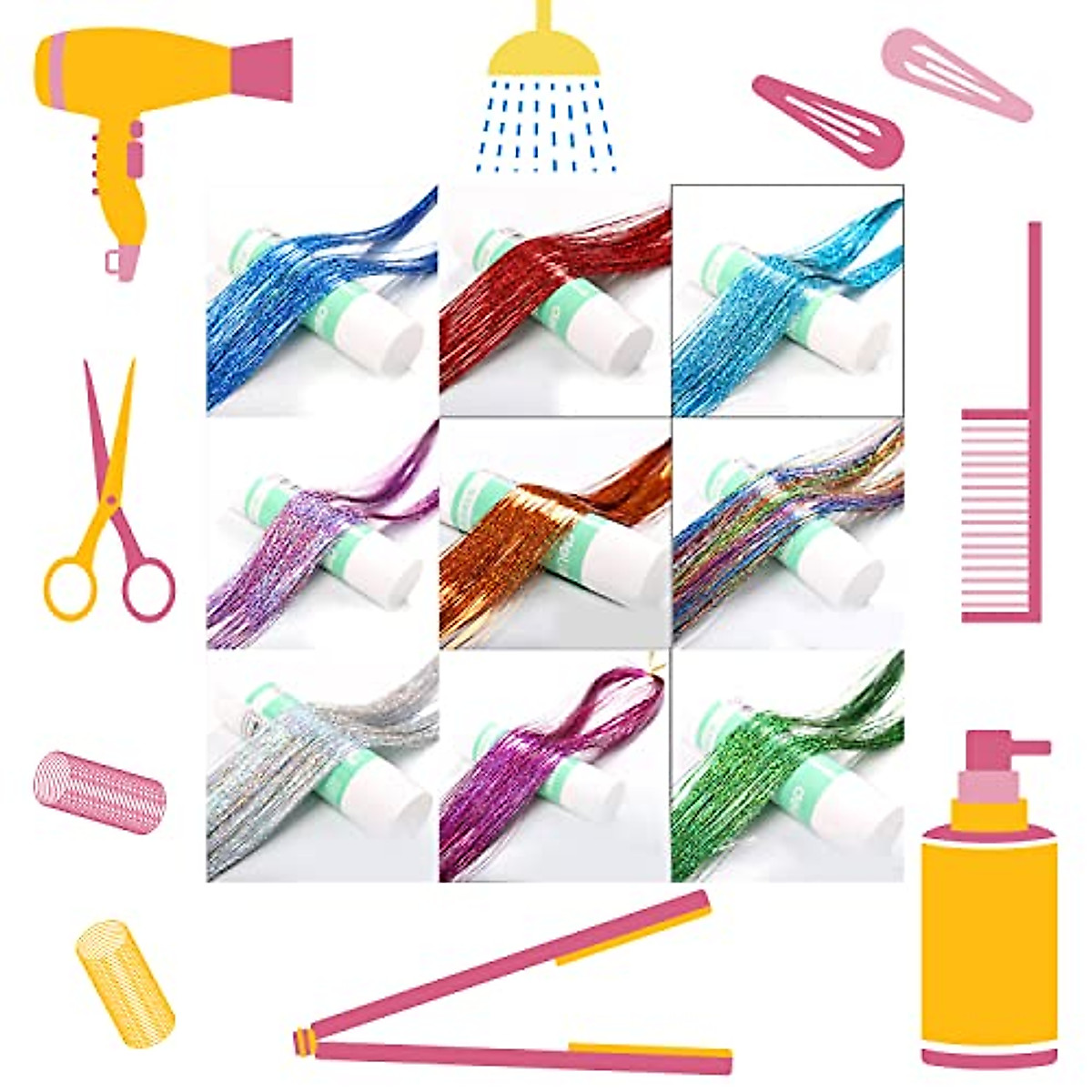 47 Inch 12 Colors Hair Tinsel 2400 Strands With Tool Sparkling Dazzle Glitter Shiny Hair Extensions Hair Tinsel Kit