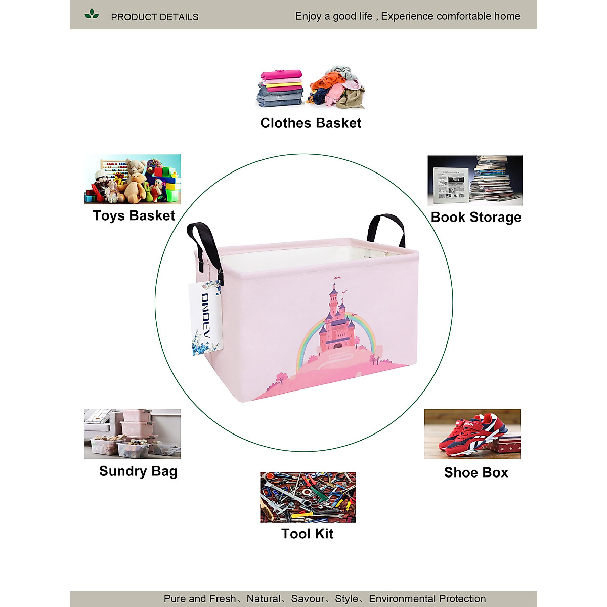 ONOEV Rectangular Folding Laundry Basket,waterproof Canvas Basket,gift basket,Suitable for children's room,Office,Clothes,Toys Storage(Pink Castle)