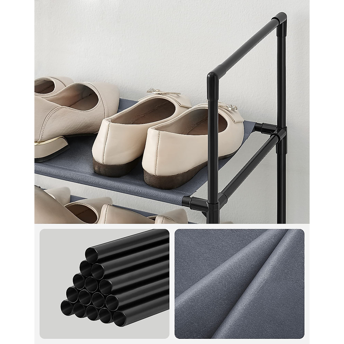 SONGMICS Shoe Rack, 10 Tier Shoe Shelf, Shoe Storage Organizer, Space-Saving, 13 x 13 x 68.1 Inches, Metal Frame, Non-Woven Fabric Shelves, for Entryway, Bedroom, Grey ULSR110G01
