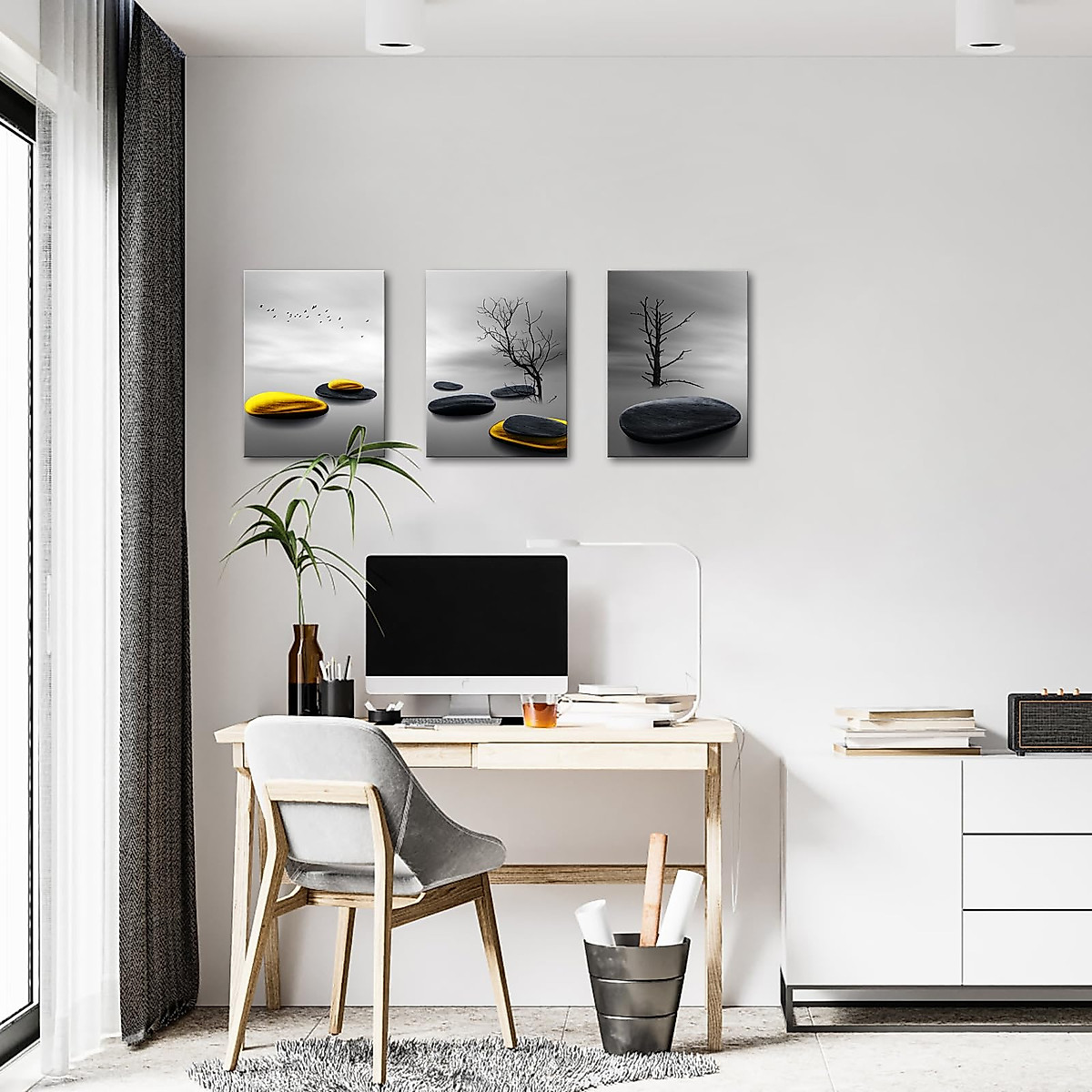 MLOML 3Pcs Modern Bathroom Yellow Gray Wall Art Picture Balance Stone Pebble Canvas Print Black and White Tree Zen Artwork Wall Decor for Office Bedroom 12x16 inchx3