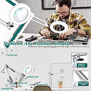 TOMSOO 4-in-1 Magnifying Glass with Light, White/Warm White Lighted Magnifier Lens - Adjustable Swivel Arm Full Spectrum LED Magnifying Floor Lamp with Clamp for Reading, Crafts, Close Work (White)