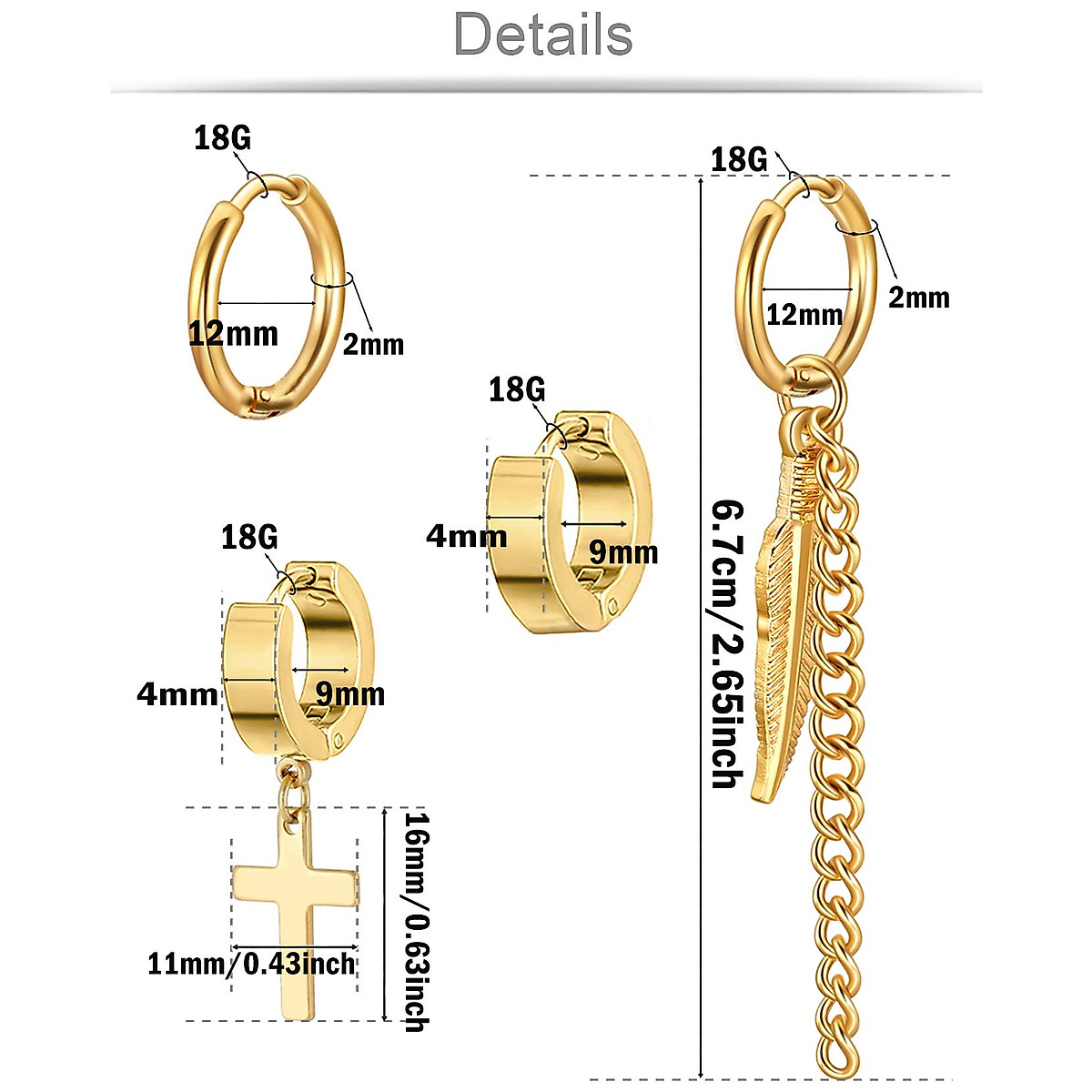 Ofeiyaa 4 Pairs Stainless Steel Dangle Hinged Hoop Earrings Huggie Earrings Piercing CZ Stud for Men Women Silver