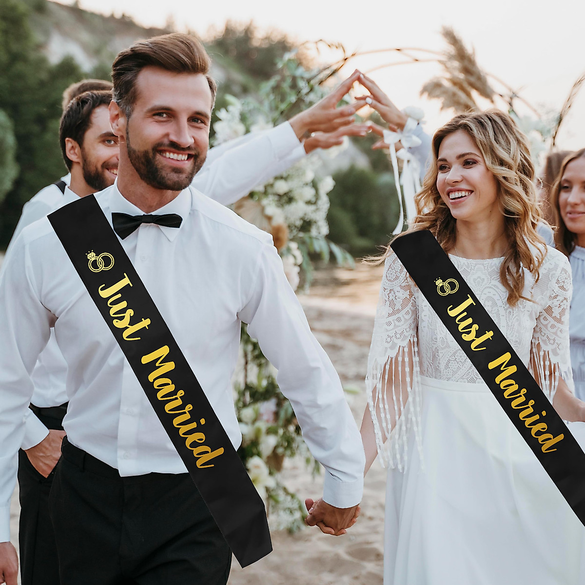 Just Married Sash - 2 Piece Gold Bride and Groom Sash Set | Wedding Party Decorations Bridal Shower Engaged Decor Bachelorette Favors Supplies Gift Decor Bachelor Accessories Engagement Gifts Ribbon