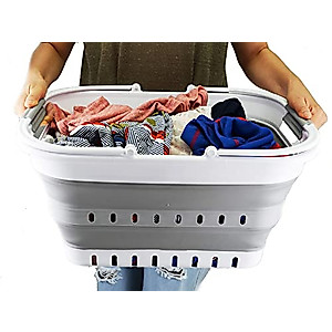 SAMMART 30L (8 Gallon) Collapsible Tub with Handle - Portable Outdoor Picnic Basket/Crater - Foldable Shopping Bag - Space Saving Storage Container (White/Grey, 1)