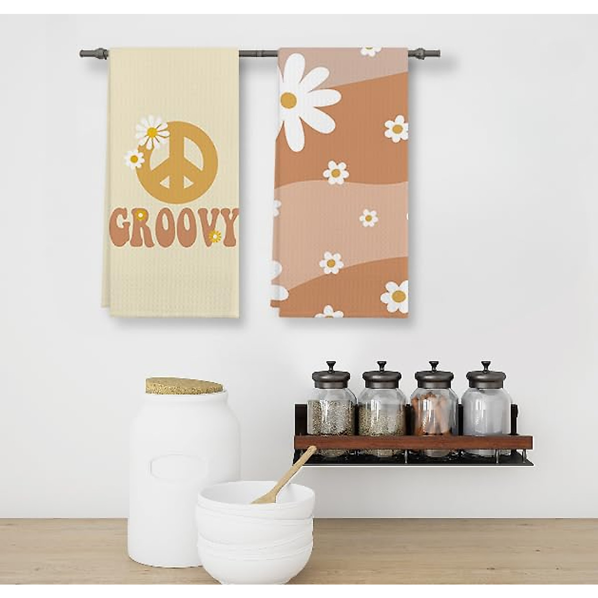 Groovy Retro 70s Hippie Boho Daisy Floral Peace Sign Kitchen Towels Set of 2,Cotton Modern 24 X 16 Inches Dish Towels Dishcloths,Dish Cloth Flour Sack Hand Towel for Farmhouse Kitchen Decor