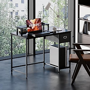 Pamray 32 Inch Computer Desk with Monitor Stand Small Home Office Desks with Non-Woven Storage Drawer for Bedroom Study Table Writing and Work Desk