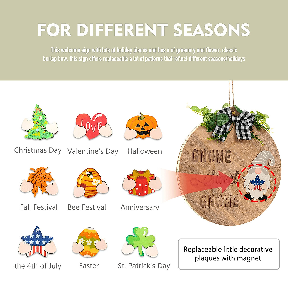 Lighted Interchangeable Gnome Welcome Door Sign, 12 inches Seasonal Front Door Gnome Sweet Gnome Home Decor Hanger, Holiday Wooden Rustic Farmhouse Wall Decor Wreaths with LED Light & 9 Season Icons