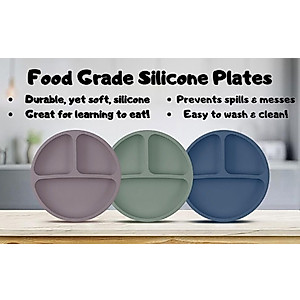 Little Buddies 100% Silicone Suction Dishware Plates for Toddlers and Babies | Dishwasher and Microwave Safe | 3 Pack | Blue, Gray, Green