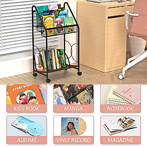 VyGrow Bookshelf, 4-Tier Metal & Wood Rolling Book Cart on Wheels, Record Cabinet for Book Magazine Turntable, Record Holder Up to 100 Albums, Multifunction Utility Cart, Black