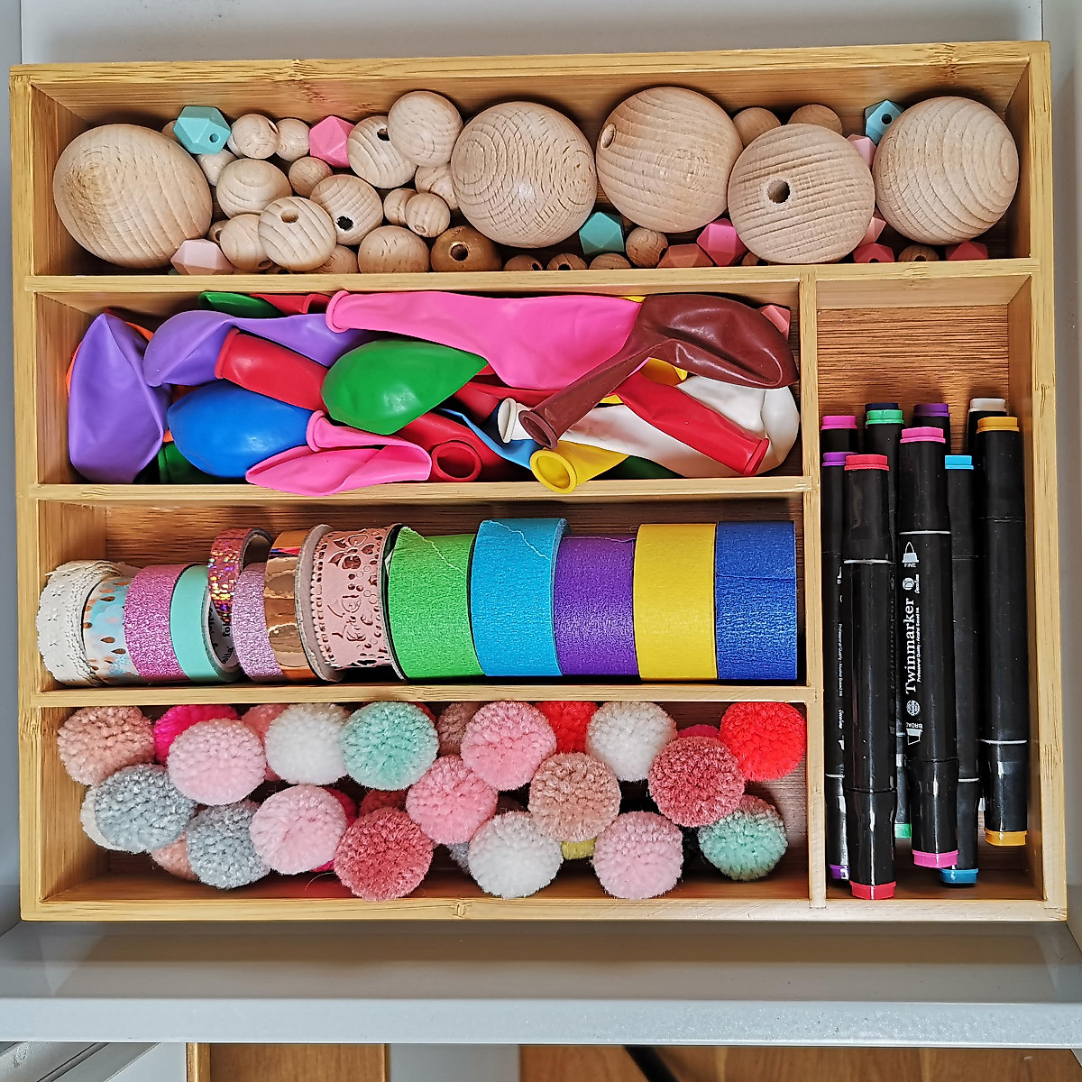 Kela Kalma 12013 Cutlery Tray, Drawer Divider with 8 Compartments, Removable, 35 x 43 x 6.5 cm, Bamboo, Bamboo, Bamboo, 5 Fächer