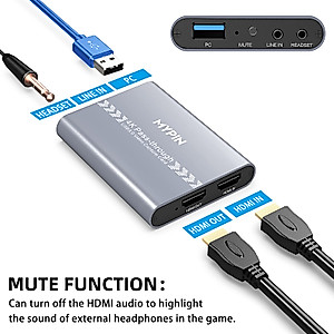 MYPIN 4K 60fps Audio Video HDMI Game Capture, Live Gamer Portable Pass-Through 4K Full HD 1080P 60fps USB3.0 Capture Card Ultra Low Latency Record Stream for Xbox, PlayStation, Nintendo Switch