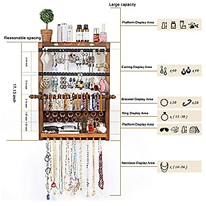 KYLOVHOS Hanging Jewelry Organizer, Wall Mounted, Pine Wood, Rustic Wooden Storage Display for Necklaces, Bracelets, Earrings, Rings (Brown).