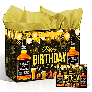 Whiskey Birthday Gift Bag for Men Whiskey Birthday Wrapping Paper Bag with Card Tissue Paper Whiskey Present Bag Beer Themed 30th 40th 50th 60th 70th 80th Birthday Gifts for Him Party Decorations
