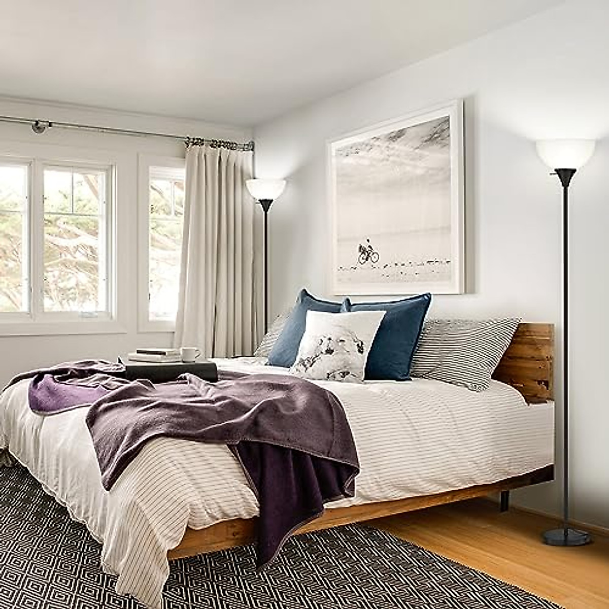 Coucrek Floor Lamp, LED Standing Lamps with White Plastic Shade, Black Modern Torchiere Floor Lamp, Tall Lamps for Living Room Dorm Bedroom Office, Rotary Switch, E26 Base, Bulb not Included