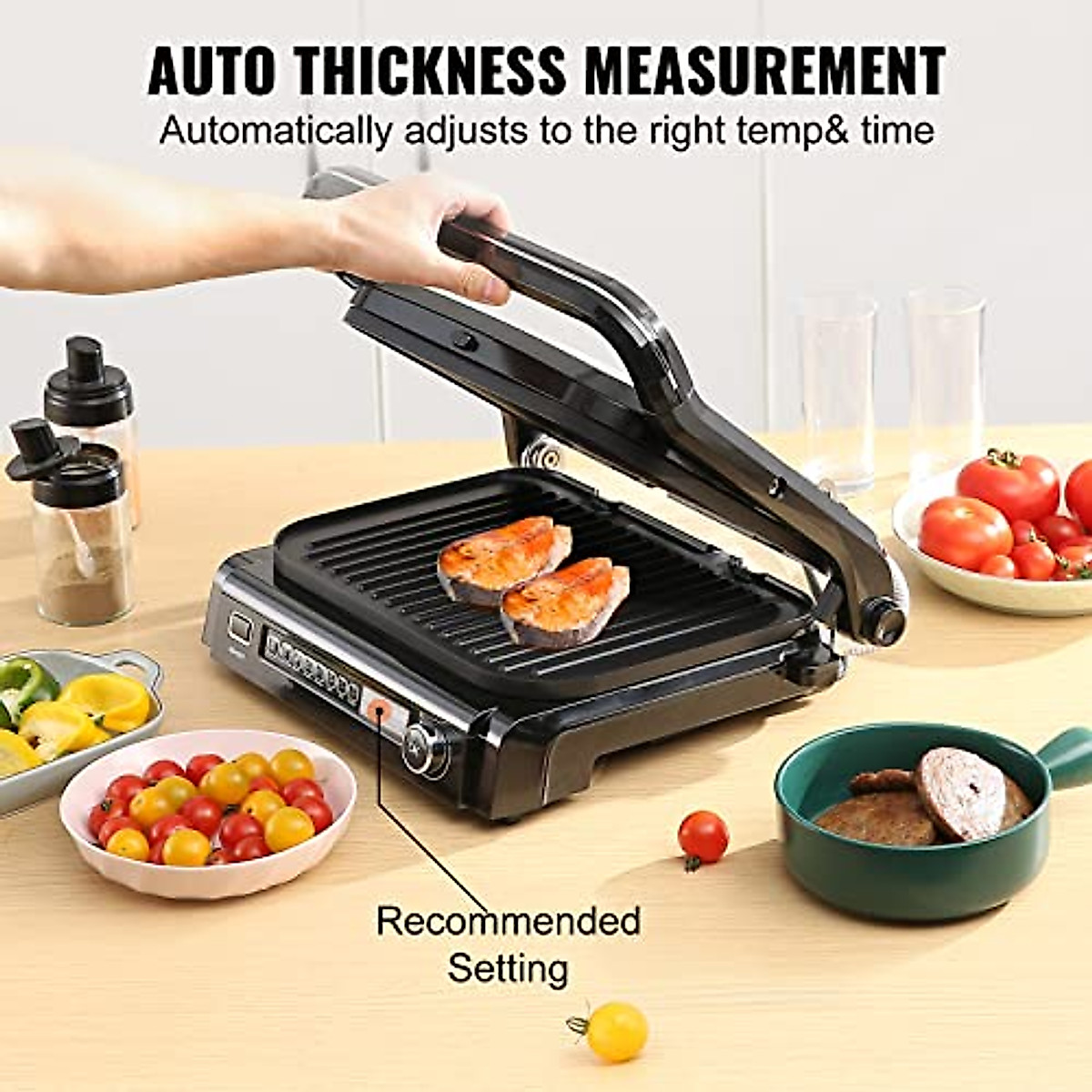 VEVOR 7 IN 1 Electric Contact Grill,1800W Indoor Panini Press Griddle,Stainless Steel Teppanyaki Grill with Nonstick&Removable Iron Plate, 0-446℉ Adjustable Temp Control,LCD Display,110V