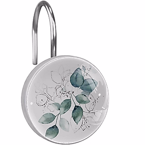 Watercolor Green Eucalyptus Leaves Decorative Shower Curtain Hooks Rings Set of 12 Hooks for Shower Curtain Rustproof Curtain Rings for Bathroom