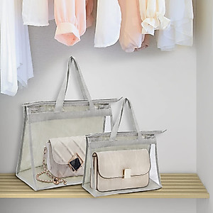 QEQRUG Handbag Storage Bags, 3 Pcs Dust Cover Bag for Hanging Closet, Transparent Purse Storage Organizer Bag with Zipper and Handle for Handbags Anti-dust (Grey)