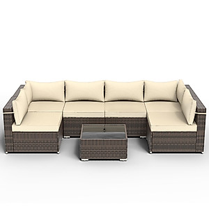 VONZOY Outdoor Patio Furniture Set 7 Pieces Sectional Rattan Sofa Set, PE Rattan Wicker Patio Conversation Set with 6 Seat Cushions and 1 Tempered Glass Table and Furniture Cover, Brown