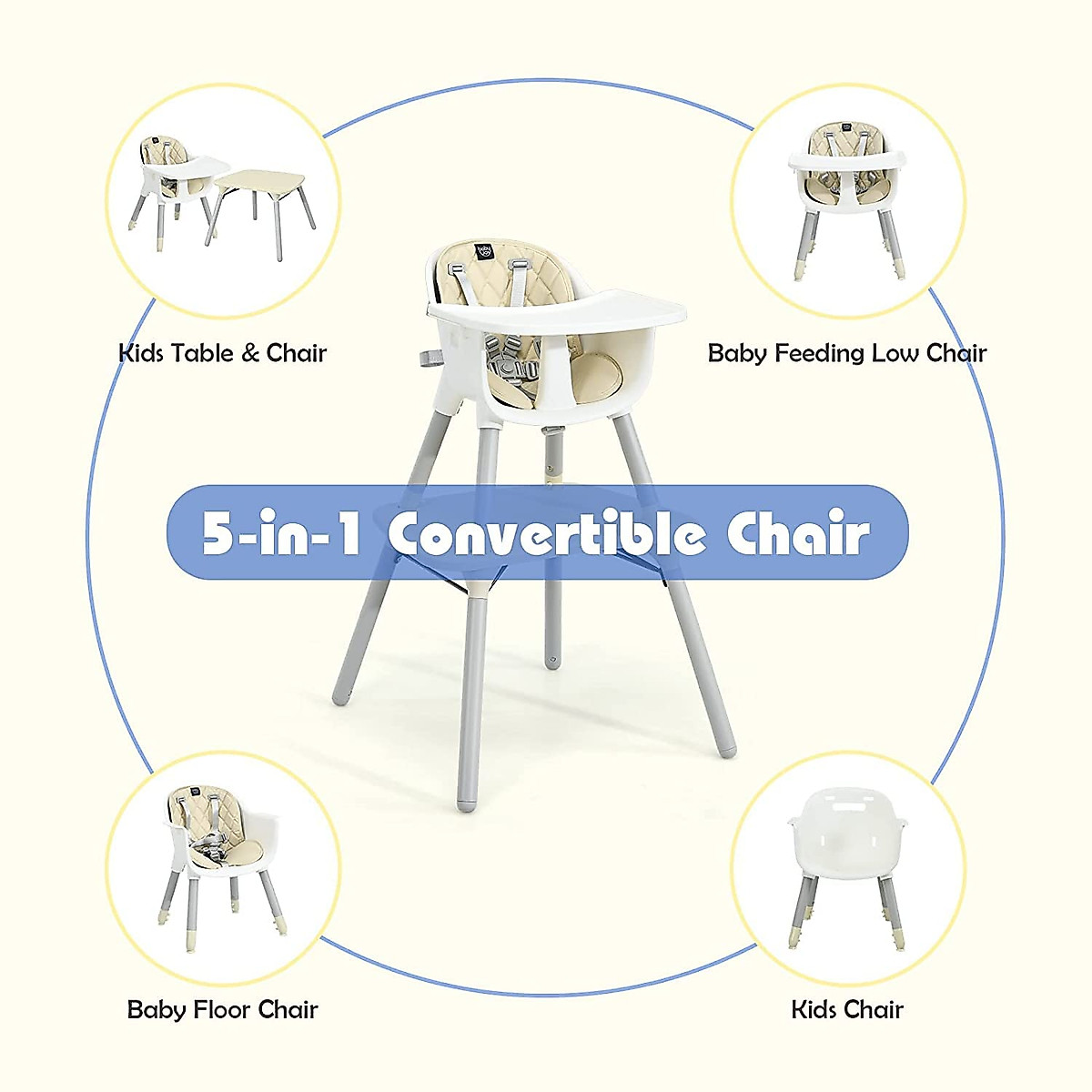 BABY JOY High Chair, 5 in 1 Convertible Highchair for Babies & Toddlers | Booster Seat | Table and Chair Set | Infant Feeding Chair with Removable Tray, Safety Harness, Removable Cushion (Beige)