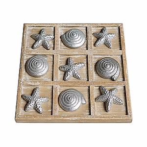 NIKKY HOME Wood Board Travel Game Beach Tic Tac Toe for Fun, Coastal Beach House Coffee Table Decor 8.93 x 8.93 x 1.26 inches - Silver