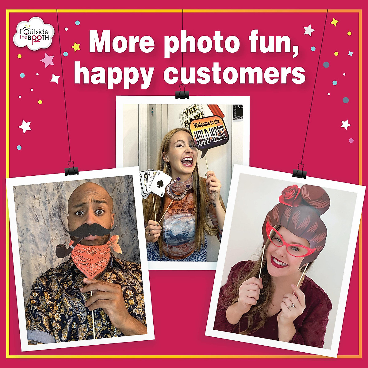 Western Photo Booth Props - 41-pc Photo Prop Kit with 8 x 10-Inch Sign, 60 Adhesive Pads, 45 Sticks - Photo Booth Props Country Theme - Wild West Photo Props