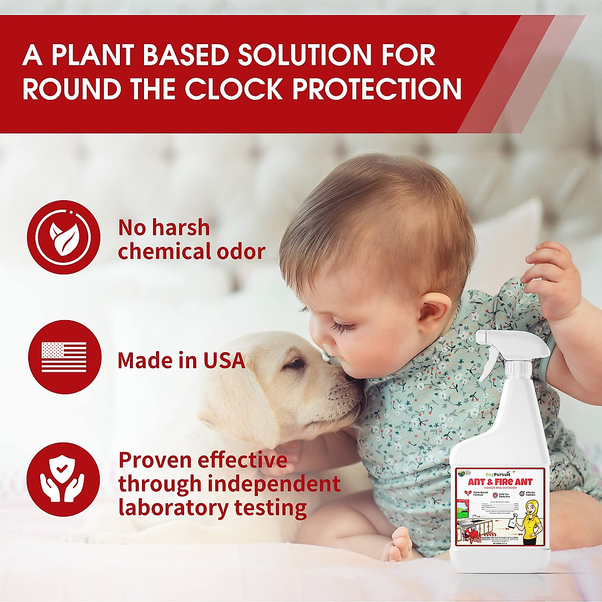 BugPursuit 24oz Ant Killer use for Indoor and Outdoor, Effective, Non-Staining, Ants,Fire Ants, and Other Insect Killer, Ant Spray Safe for Pets and Kids,Non-Toxic, 100% USDA Biobased, Made in USA