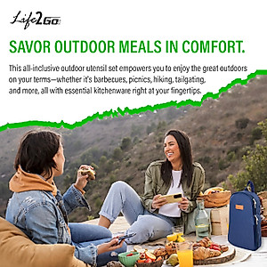 Life 2 Go 10 Pcs Camp Cooking Utensil Set & Outdoor Kitchen Gear Cookware Kit, Portable Compact Carry Case for Camping, Hiking, Travel, BBQ Grilling Stainless Steel Accessories Spoon & Fork, Navy