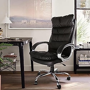DOZZZ Computer Desk Chair with Wheels and Padded Arms, Ergonomic PU Leather Swivel Home Office Chair with Double Seat Cushion, Adjustable High Back Comfort Executive Office Chair (Black) (1PACK)