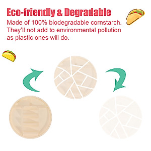 LUVCOSY 40 Pcs Large Disposable Taco Plates for Party, Cornstarch Taco Holder Plates with 2 Dipping Areas, Hold for 3 Tacos, Round Paper Taco Trays for Taco Night & Taco Tuesday, Microwave Safe