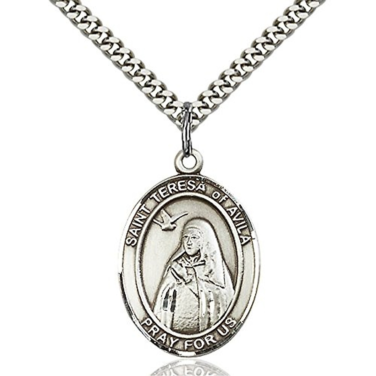 Bonyak Jewelry Saint Medal Collection Sterling Silver St. Teresa of Avila Pendant 1 x 3/4 inches with Heavy Curb Chain