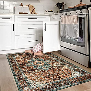 Moynesa Ultra-Thin Washable Vintage Area Rug - 3x5 Persian Non-Slip Entryway Rug Oriental Medallion Living Room Rug Entrance Mat Carpet for Kitchen Laundry Bathroom Bedroom, Brick Red/Dull Teal