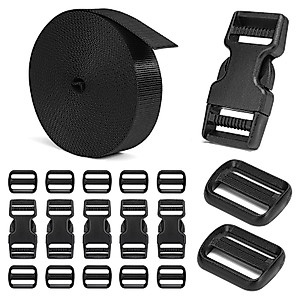 Buckles Strap 1 Inch: Nylon Webbing Straps 6 Yards, Quick Side Release Plastic Buckle Dual Adjustable 6 Pack, Tri-Glide Slide Clip 12 PCS, Metal D Rings 6 PCS, Heavy Duty, Black