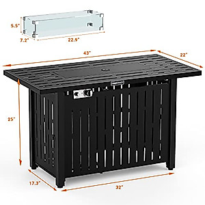 EMBRANGE Gas Fire Pit 43 Inch Propane Fire Pits, Pulse Ignition 50,000 BTU Steel Fire Pit with Glass Wind Guard, Waterproof Cover,Glass Stone, Add Ambience to Gatherings on Patio Garden Backyard