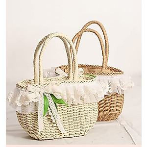 GK-O Mori Girls Handmade Straw Bag Handbag Basket Woven Bag Sweet Knit Lolita Lace Bag Summer Rattan bag (White)