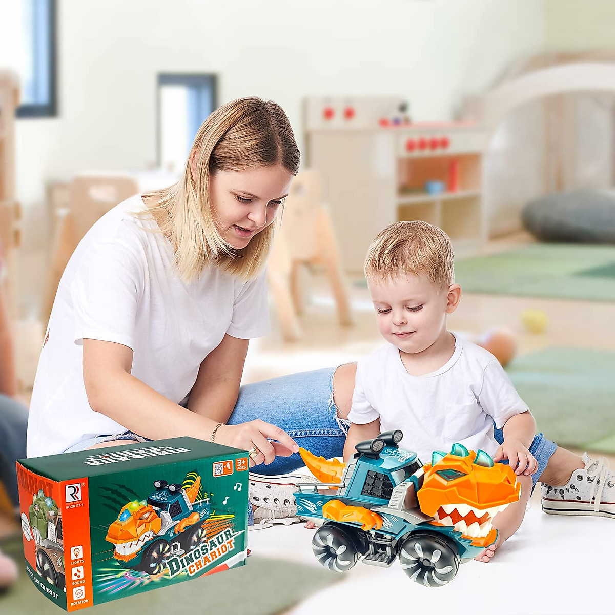 Dinosaur Toys for Kids 3-5 Years Old, Dinosaur Car Toy with Flashing Lights Music Roaring Sound Dino Light up Car Toys, Capture Dinosaur Play Set for Boys and Girls Ages 3+(Orange)