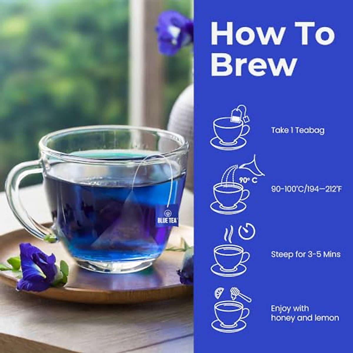 BLUE TEA - Butterfly Pea Flower Herbal Tea - 15 Pyramid Tea Bags | DETOX TEA | Direct From Source - Plant-Based Biodegradable Tea Bag | Food Coloring, Blue, Purple, Pink ICED TEA, Cooler & Mocktails