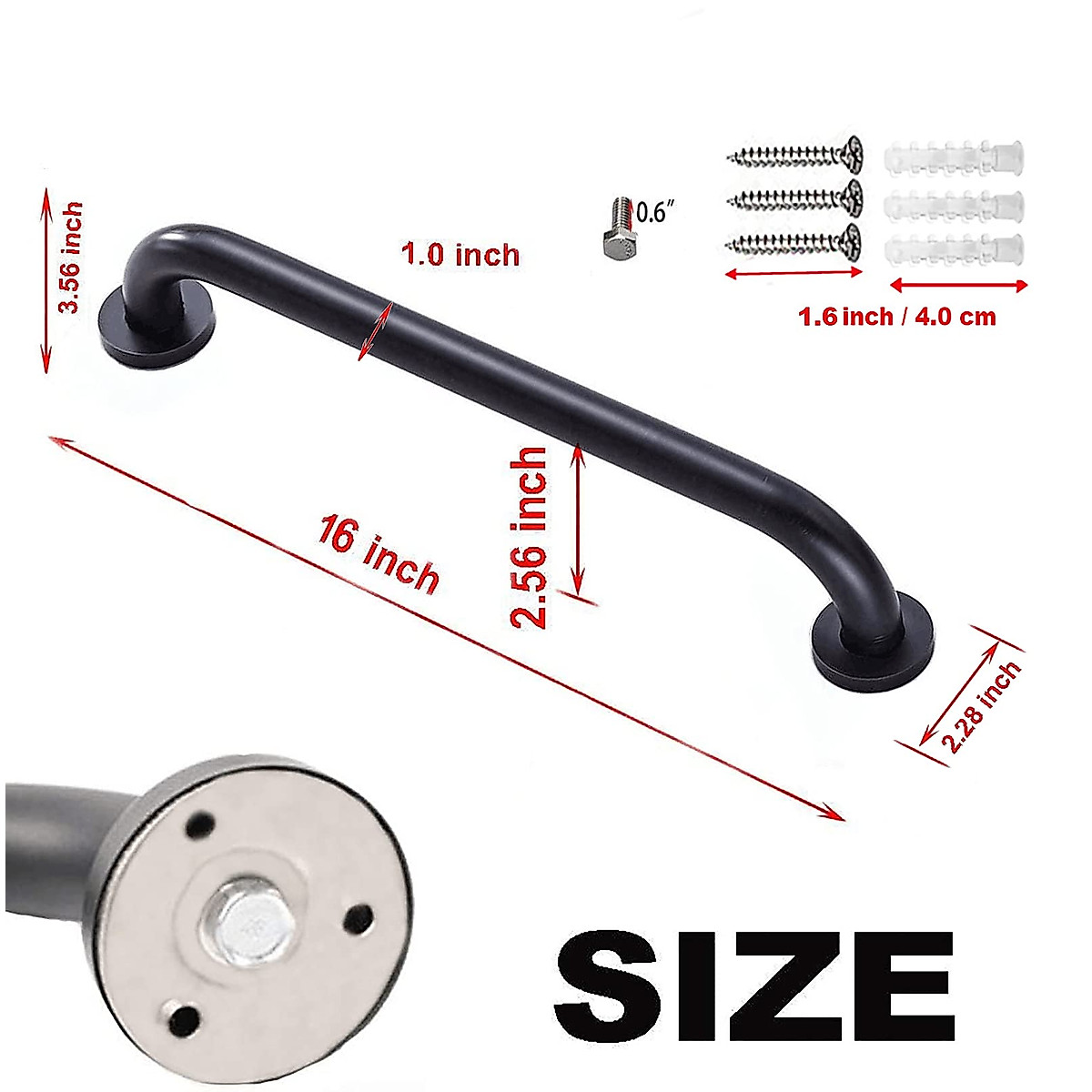 2 Pack 16 Inch Matte Black Shower Grab Bar,ZUEXT Stainless Steel Wall Mount Safety Grab Bar Handle,Bathroom Balance Bar, Safety Hand Rail Support - Handicap, Elderly, Injury, Senior Assist Bath Handle